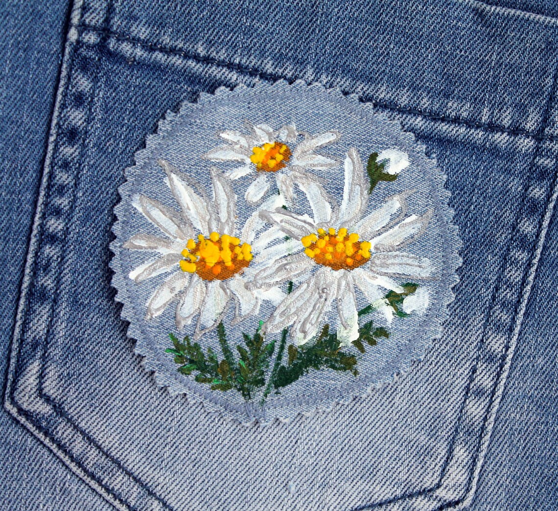 Daisy Patch Hand Painted Denim Patches Floral Upcycled Jeans for Women ...
