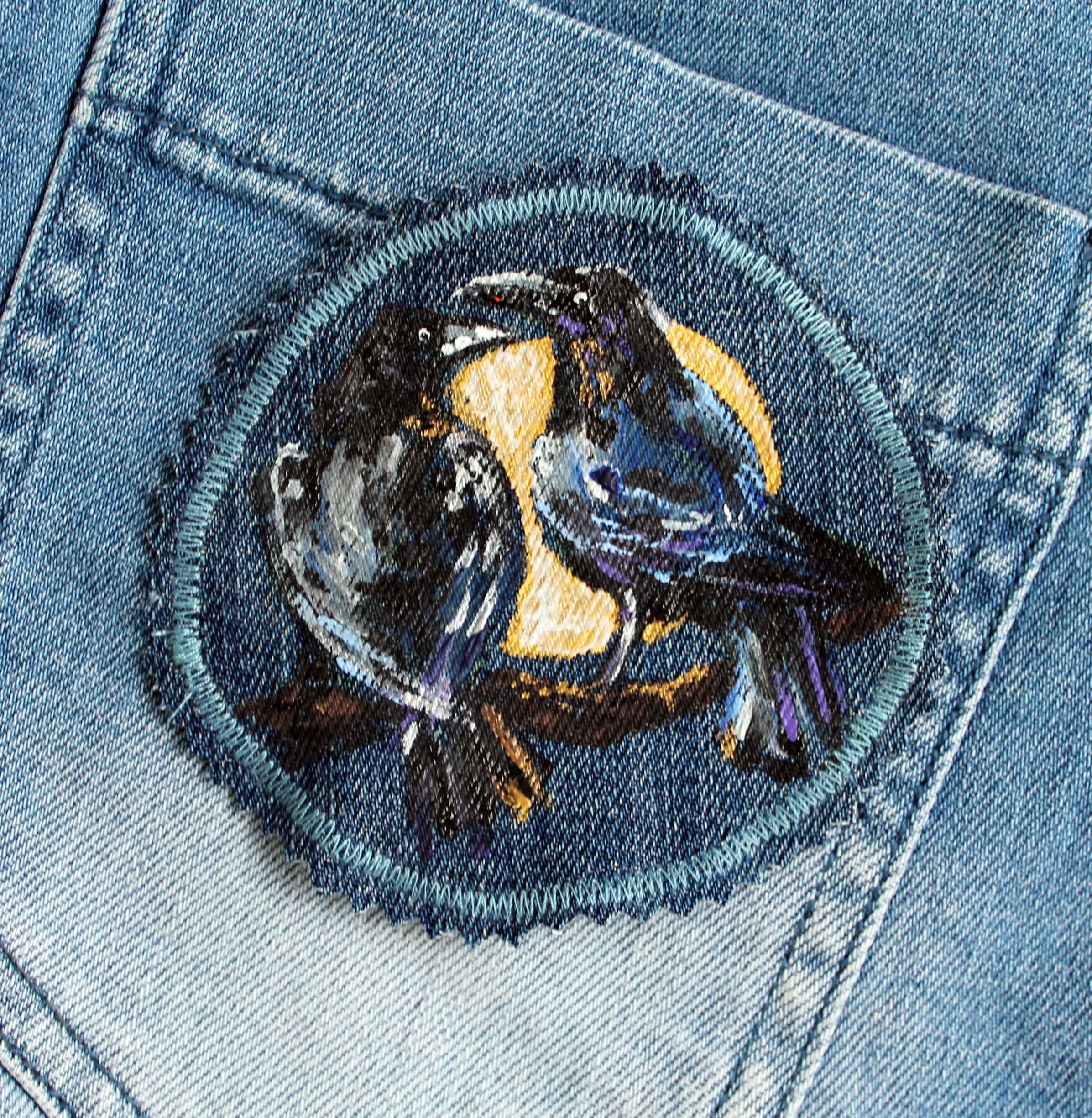 Hand Painted Raven Patch Denim Patches Birds Upcycled Jeans - Etsy