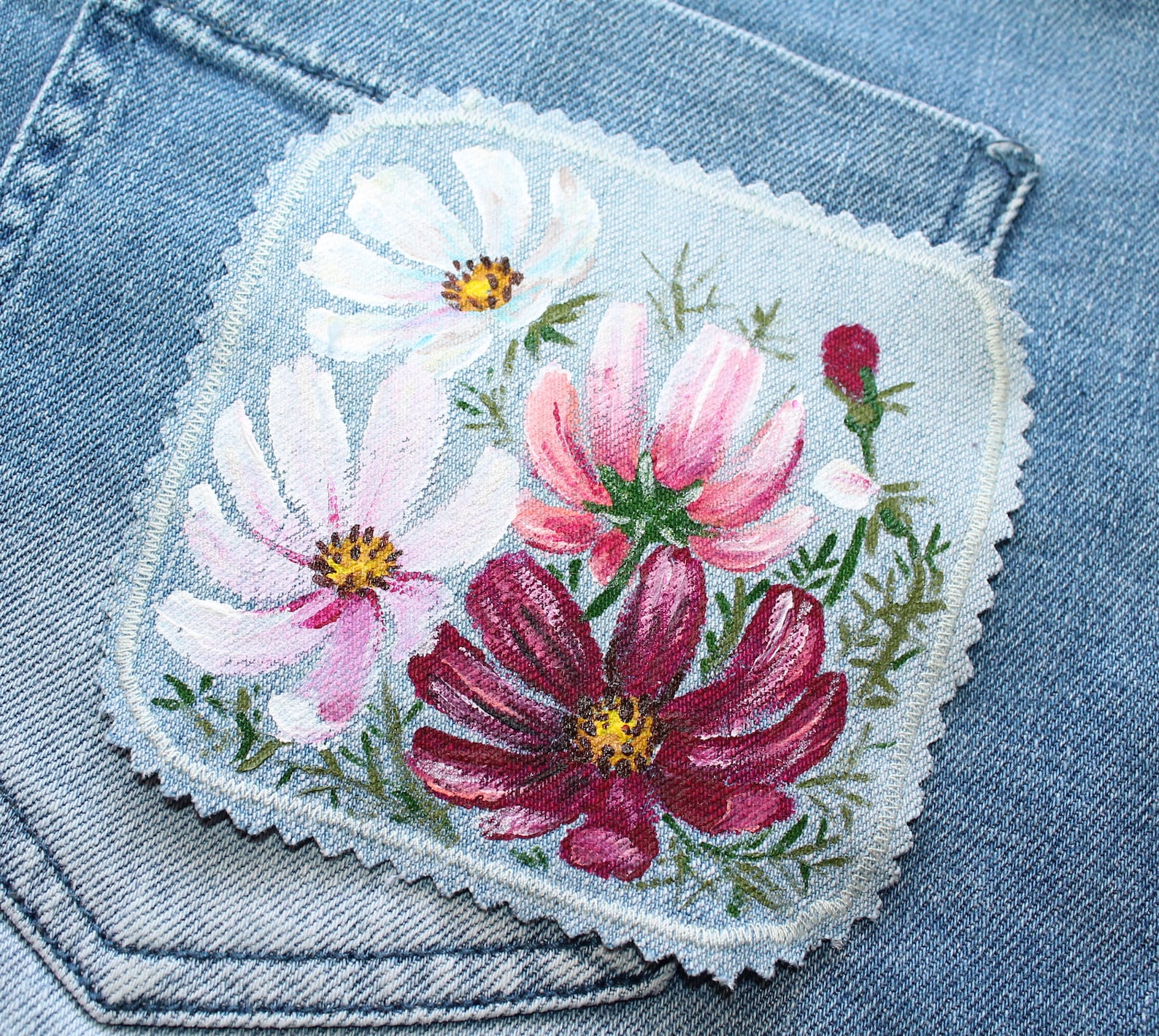 Hand Painted Patch Sew on Cosmos Denim Patches Floral Upcycled | Etsy