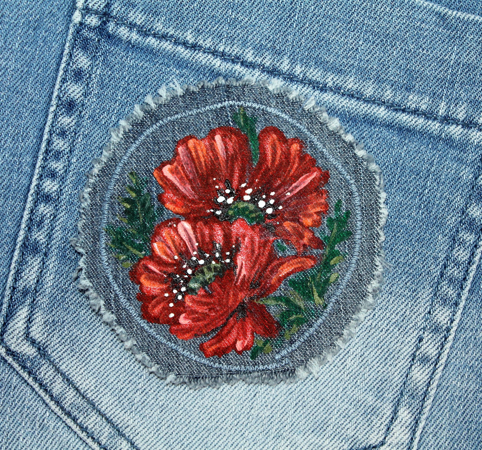 Red Poppy Patch Hand Painted Denim Patches Floral Upcycled Jeans for ...