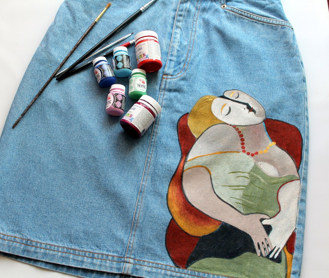 Painted Denim Skirt Pablo Picasso Portrait Sleep Maria Upcycled ...