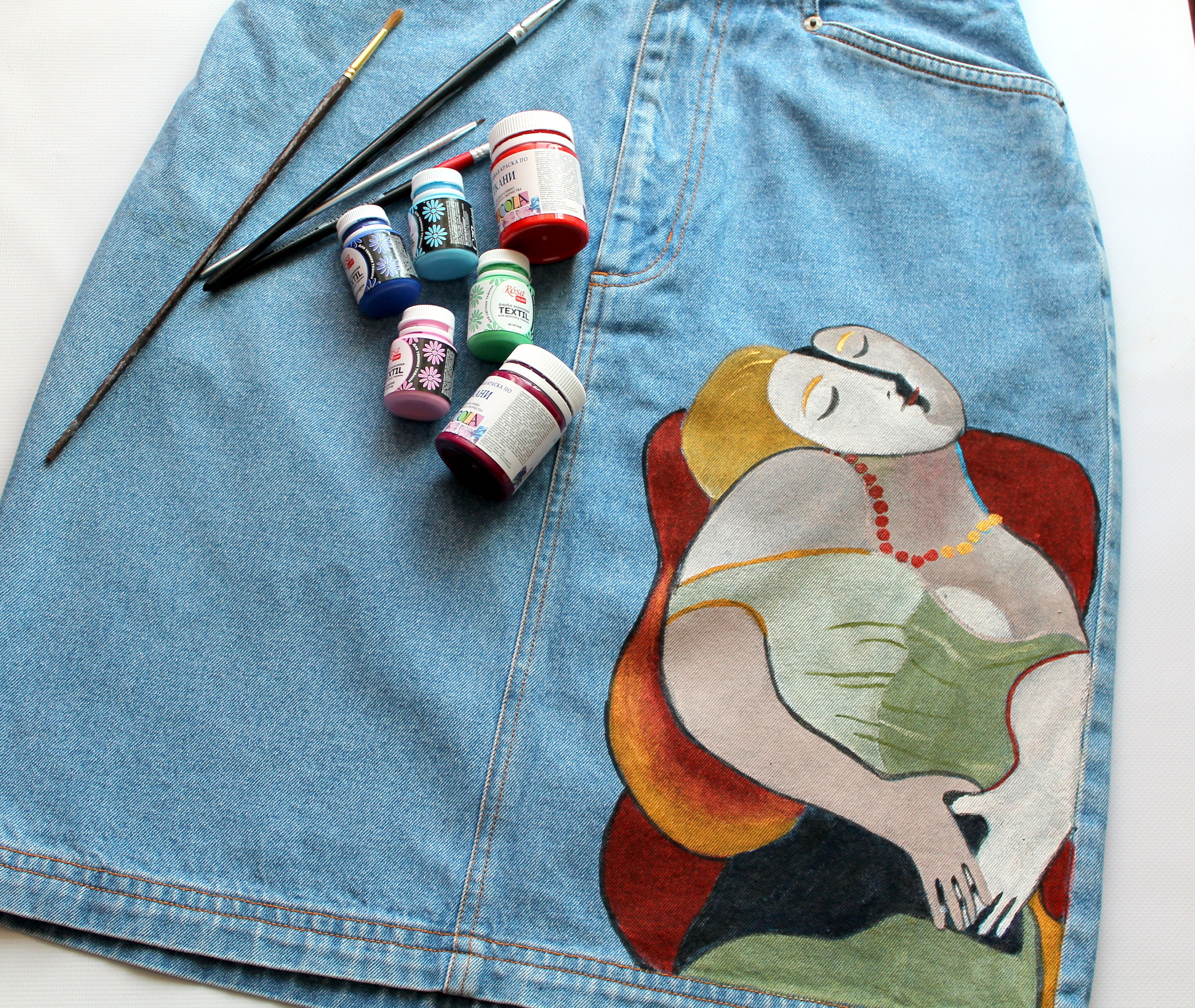 Painted Denim Skirt Pablo Picasso Portrait Sleep Maria Upcycled ...