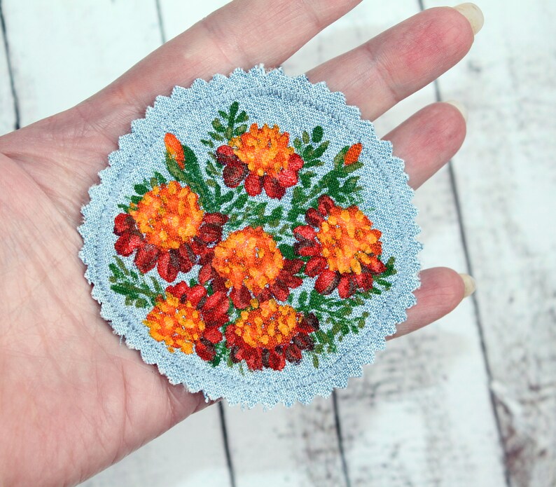 Hand Painted Marigold Patch Denim Patches Floral Upcycled Jeans for ...