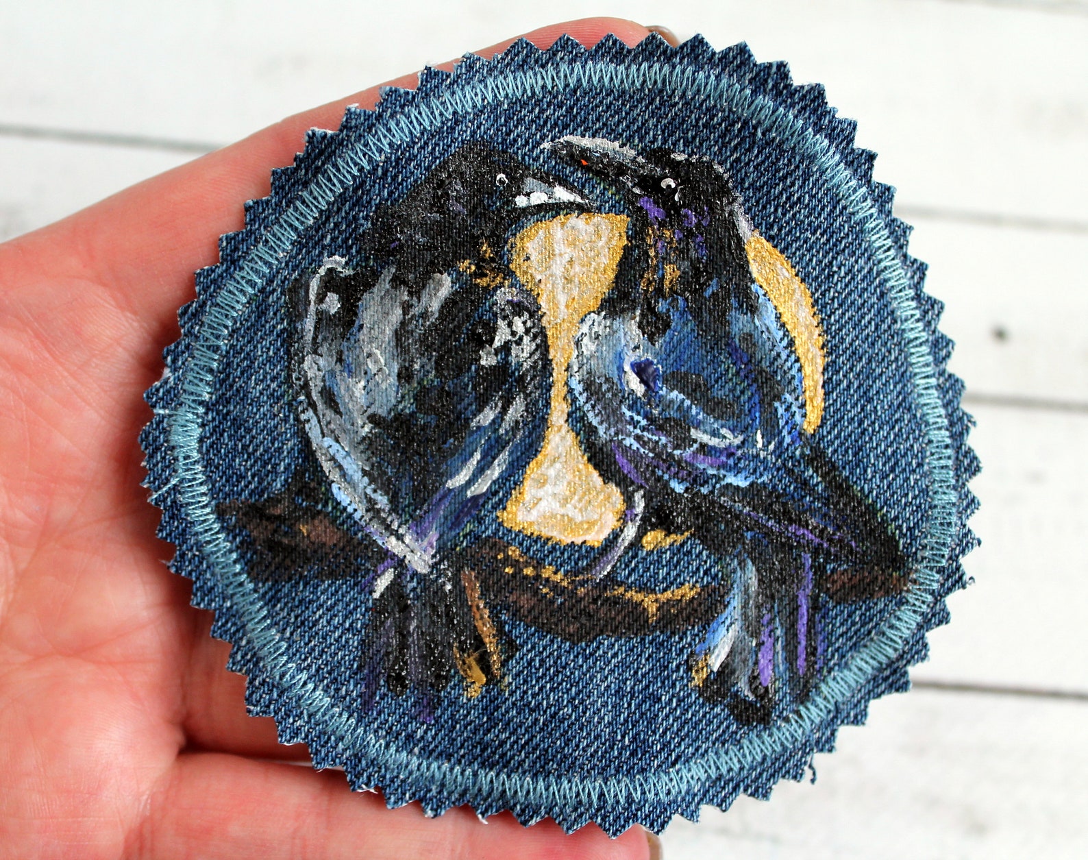 Hand Painted Raven Patch Denim Patches Birds Upcycled Jeans | Etsy