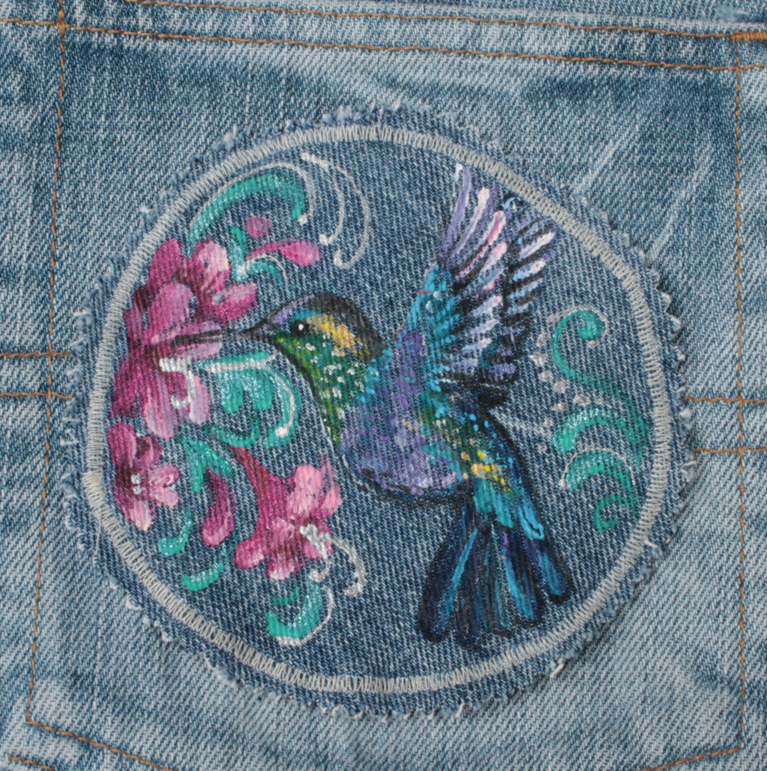 Hand Painted Hummingbird Patch Denim Patches Birds Upcycled Jeans for ...