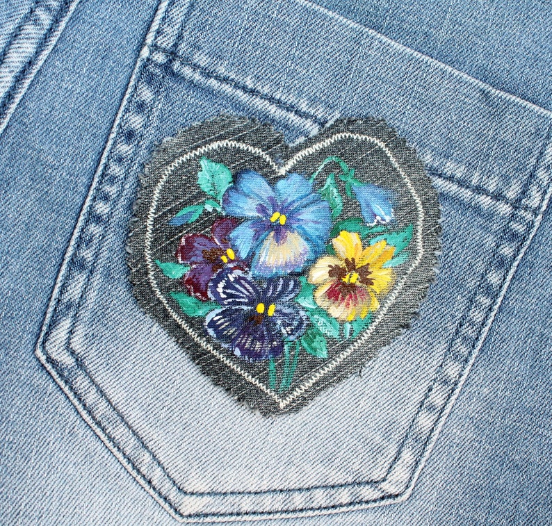 Pansies Patch Hand Painted Denim Patches Floral Upcycled Jeans - Etsy