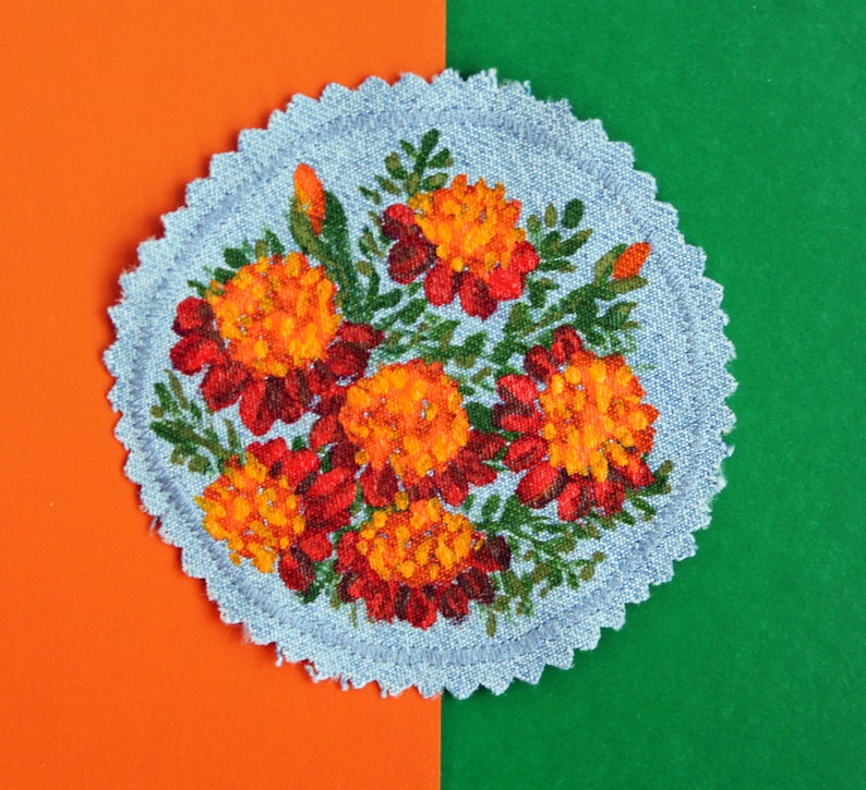 Hand Painted Marigold Patch Denim Patches Floral Upcycled Jeans for ...