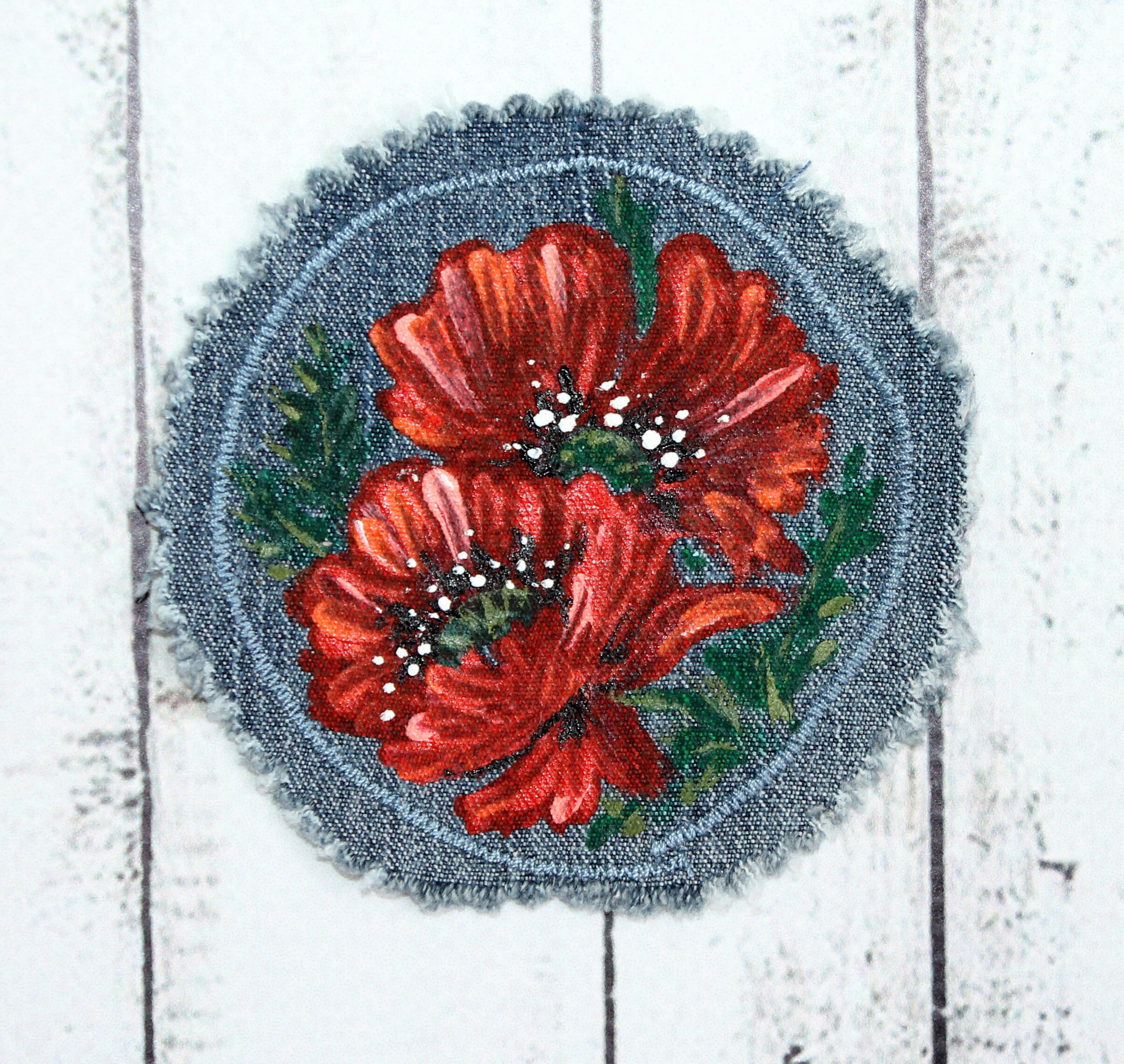 Red Poppy Patch Hand Painted Denim Patches Floral Upcycled Jeans for ...
