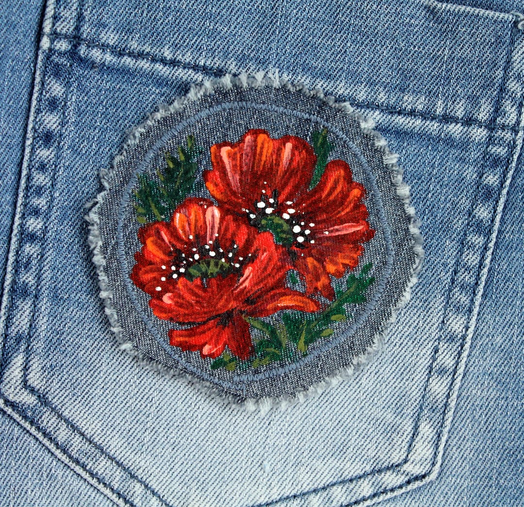 Red Poppy Patch Hand Painted Denim Patches Floral Upcycled Jeans for ...