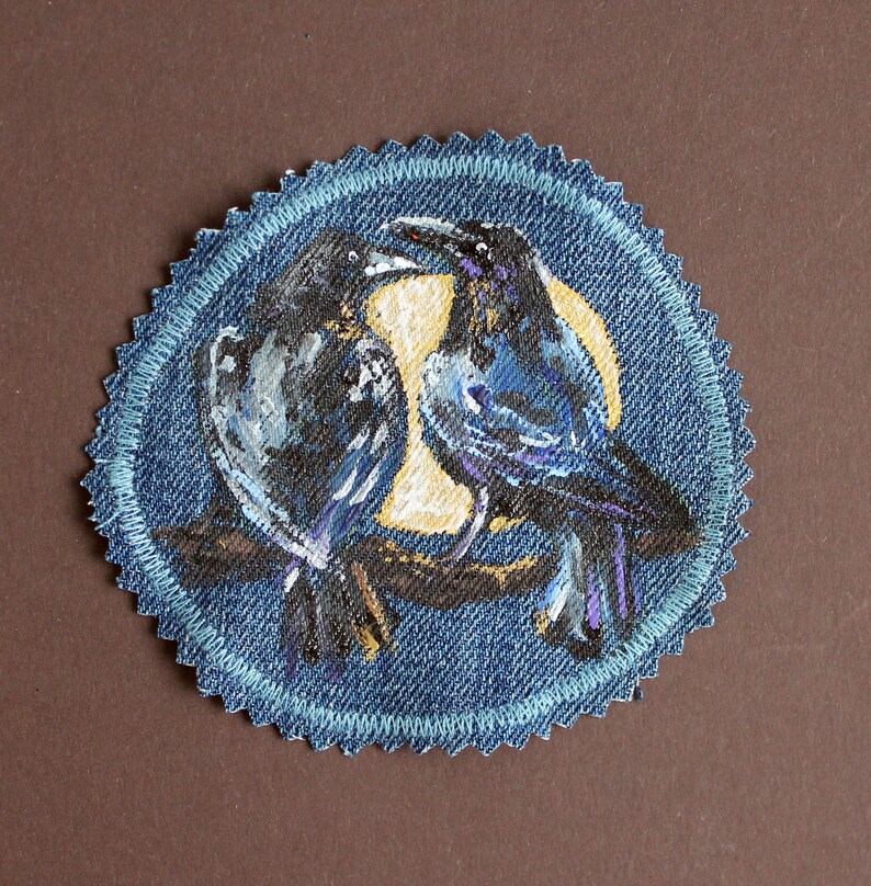 Hand Painted Raven Patch Denim Patches Birds Upcycled Jeans for Women ...