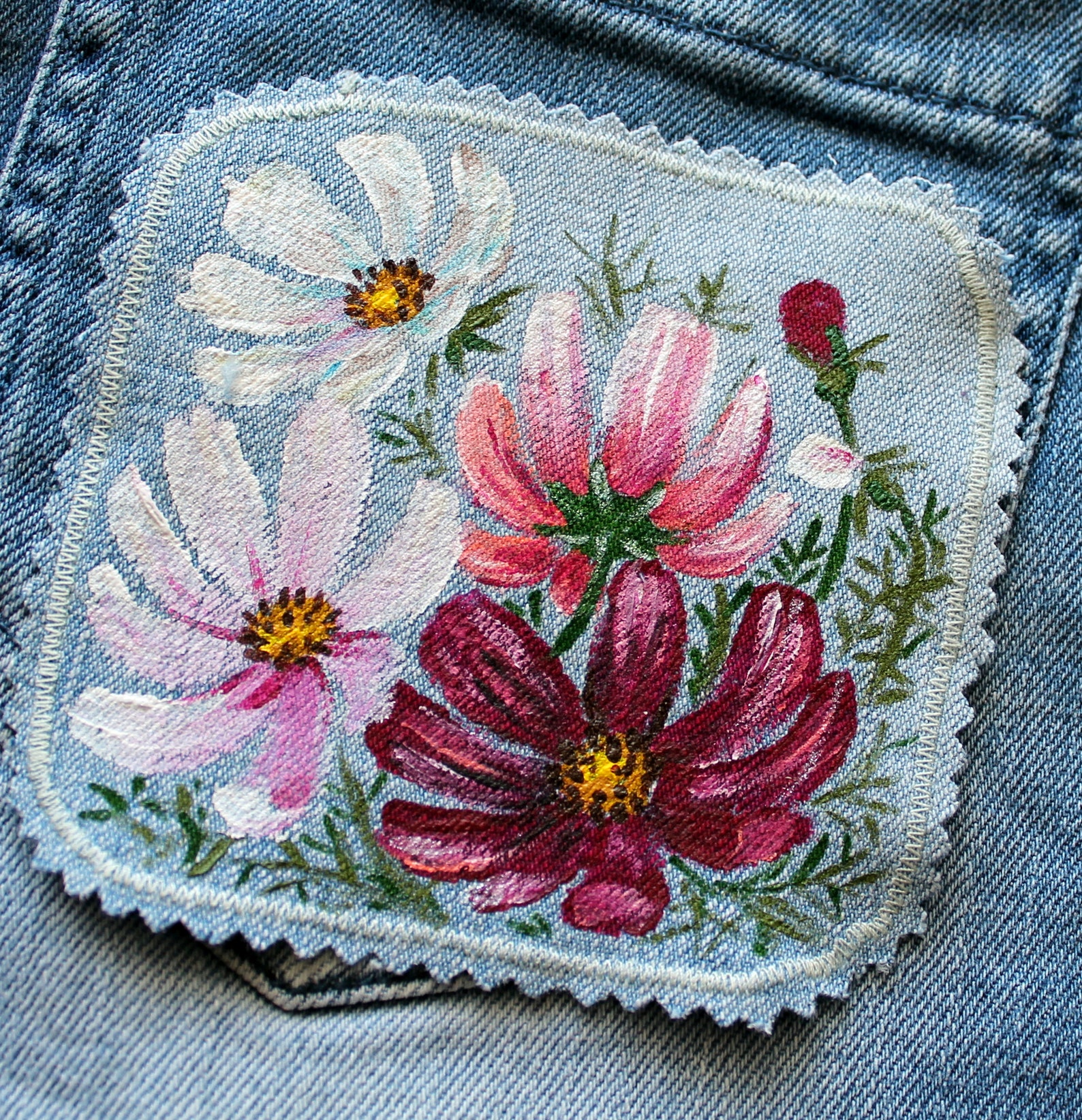 Hand Painted Patch Sew on Cosmos Denim Patches Floral Upcycled Jeans ...