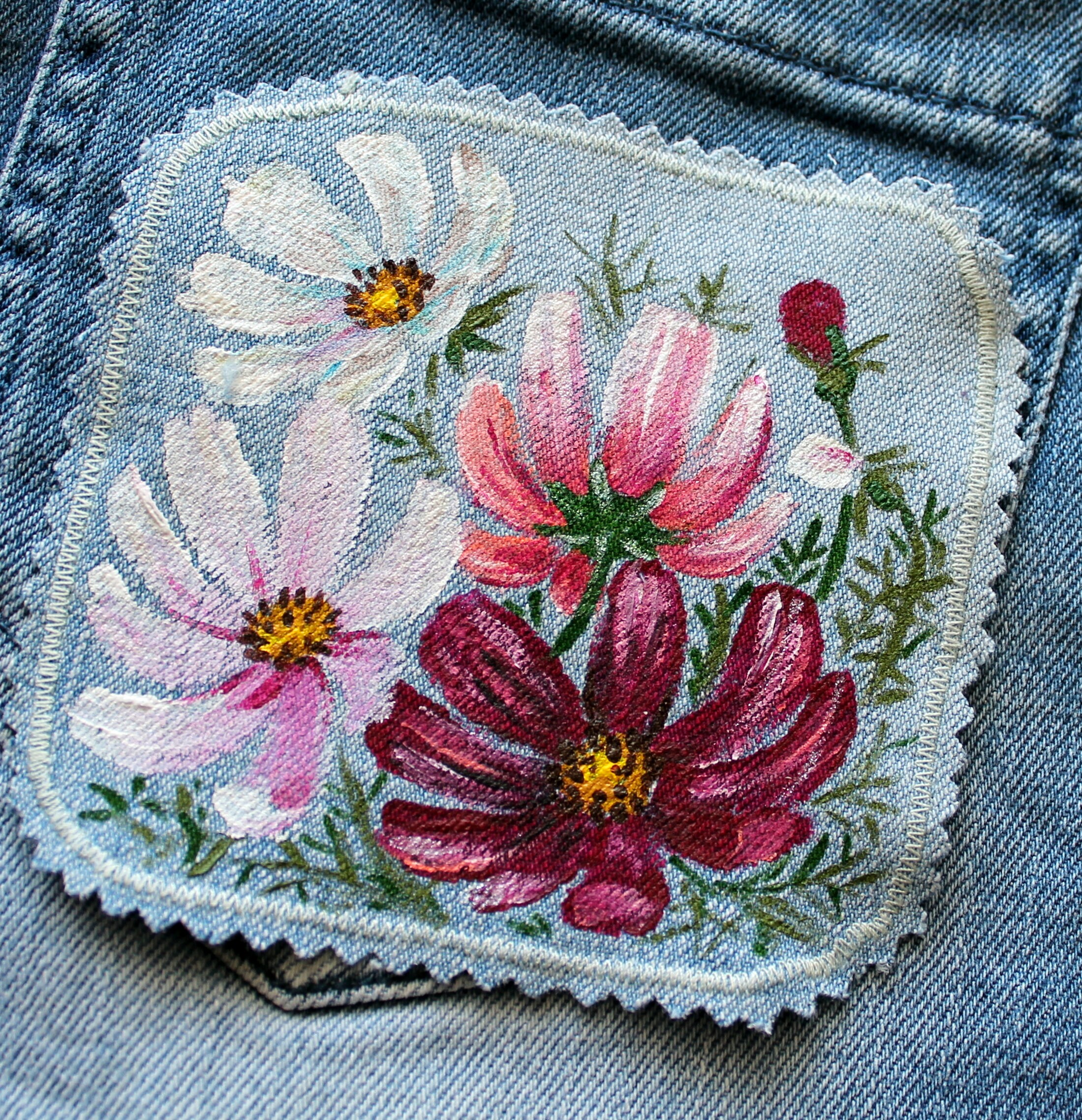 Hand painted patch sew on Cosmos Denim patches floral Upcycled | Etsy