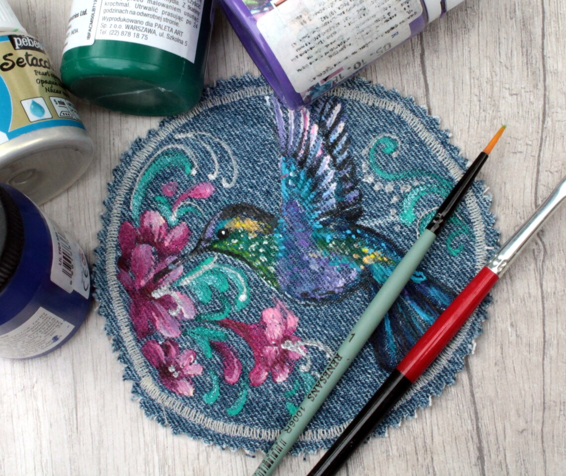 Hand Painted Hummingbird Patch Denim Patches Birds Upcycled Jeans for ...