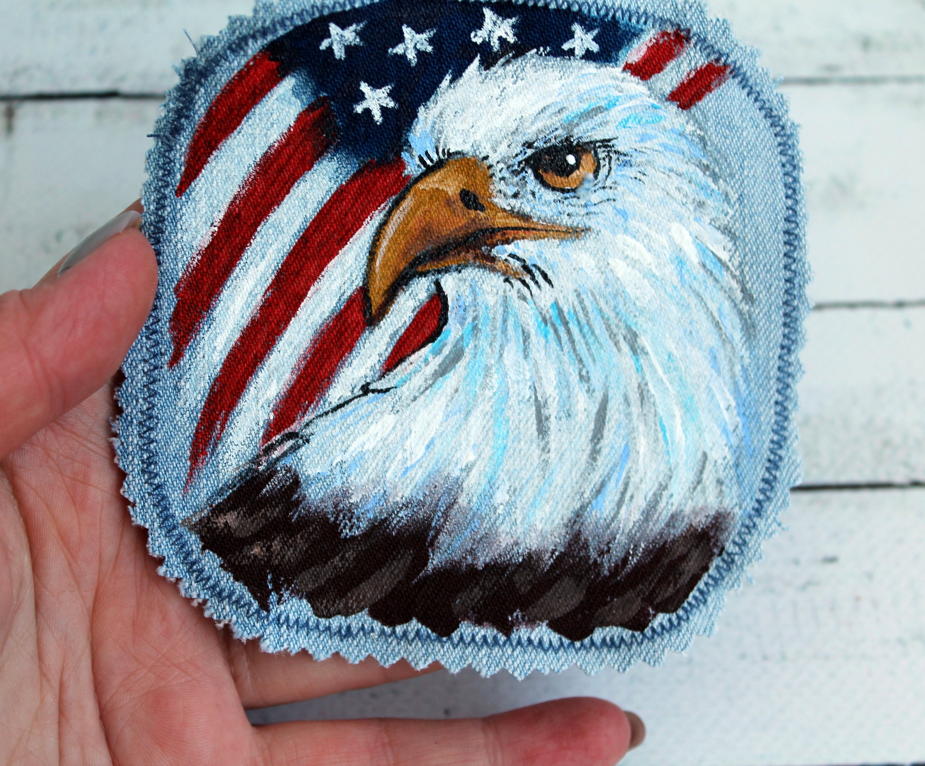 Bald Eagle Patch Hand Painted Denim Patches Birds Upcycled Jeans for ...