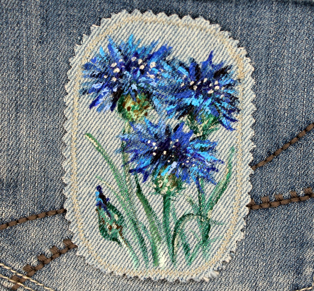 Cornflowers Patch Hand Painted Denim Patches Floral Upcycled Jeans for ...