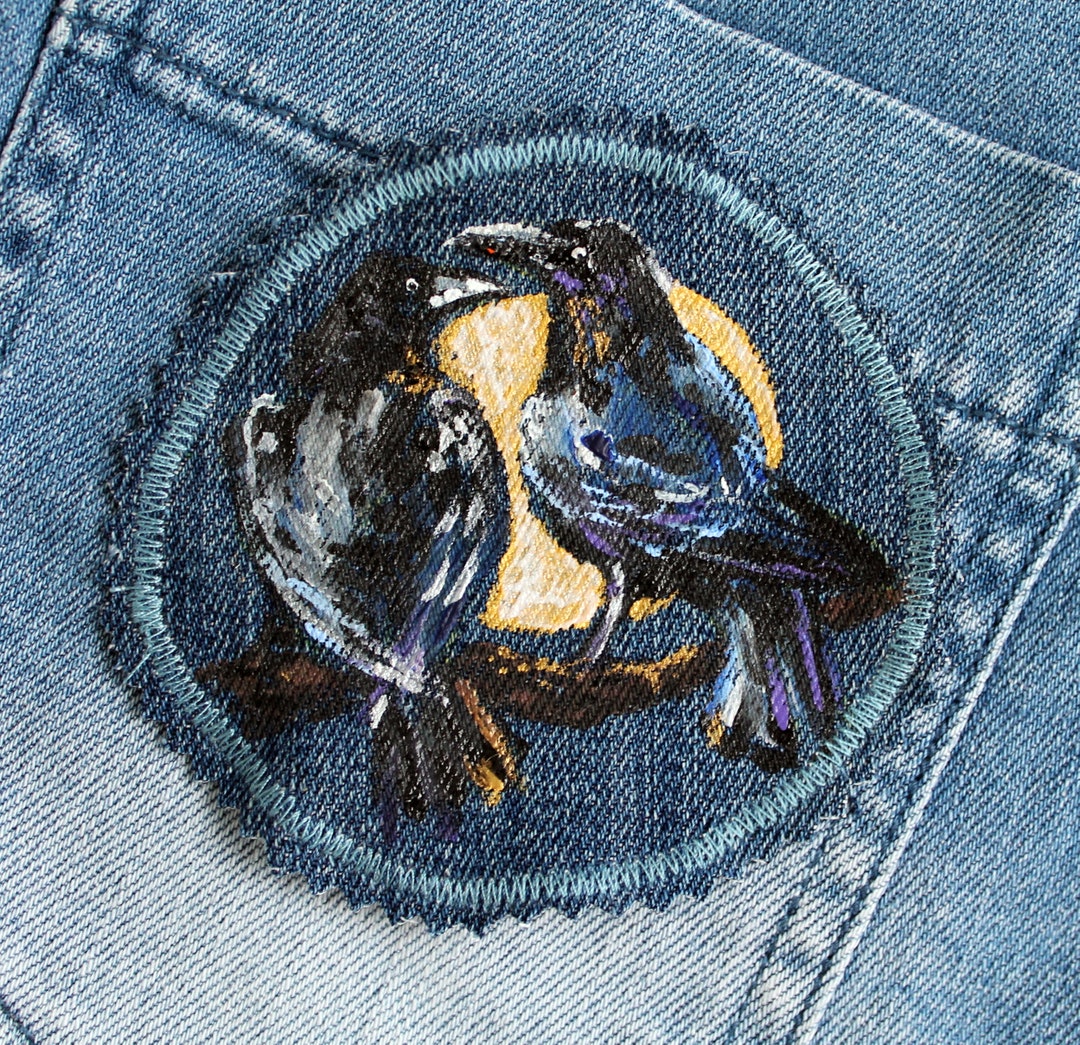 Hand Painted Raven Patch Denim Patches Birds Upcycled Jeans for Women ...