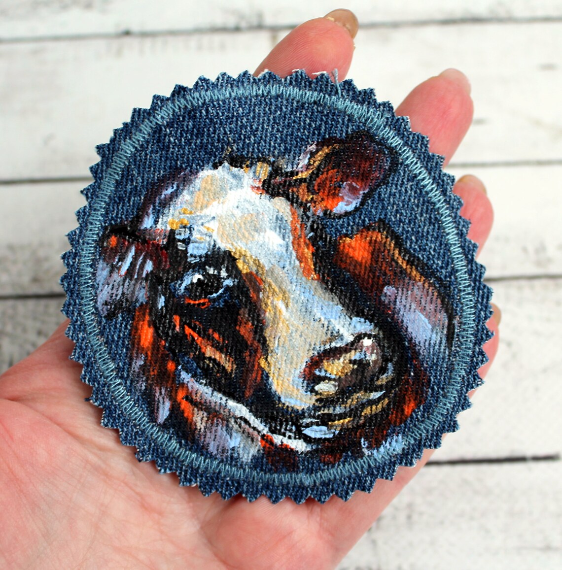 Hand Painted Cow Patch Denim Patches Bull Upcycled Jeans for | Etsy