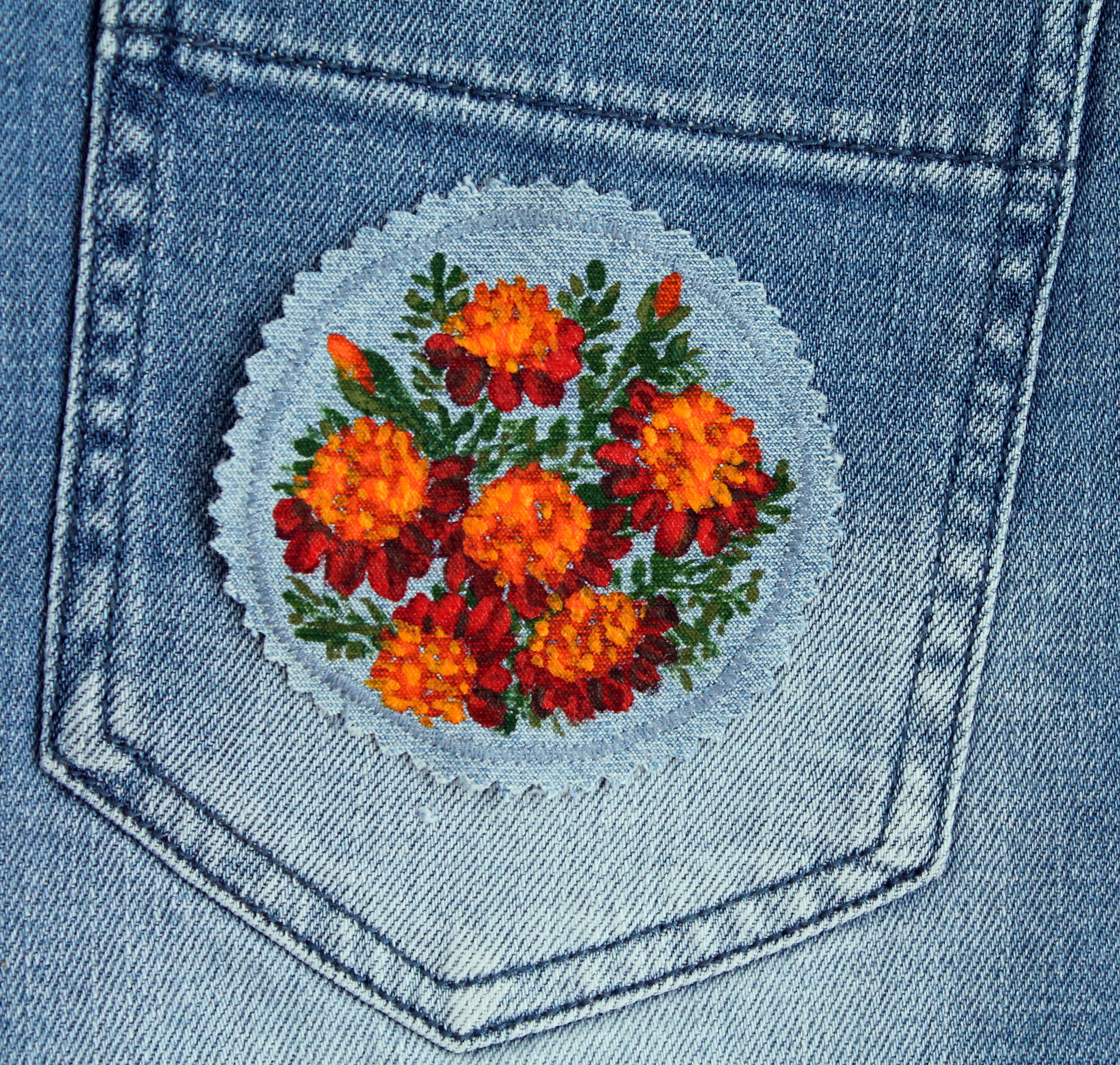 Hand Painted Marigold Patch Denim Patches Floral Upcycled Jeans for ...