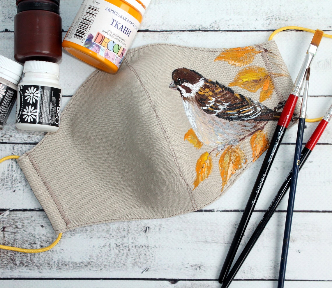 Linen Face Mask Bird Mask Hand Painted Sparrow Face Mask - Etsy