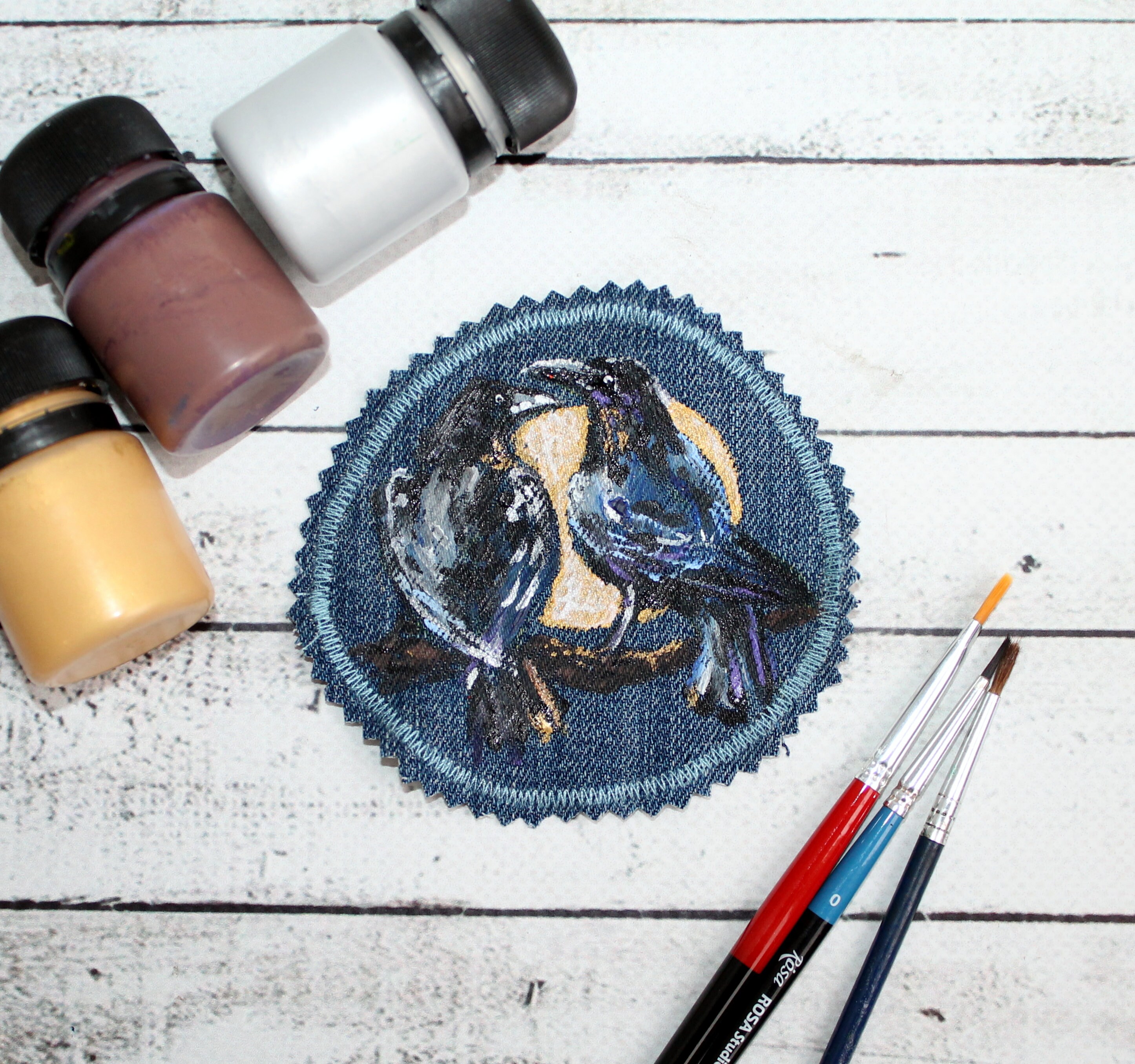 Hand Painted Raven Patch Denim Patches Birds Upcycled Jeans for Women ...