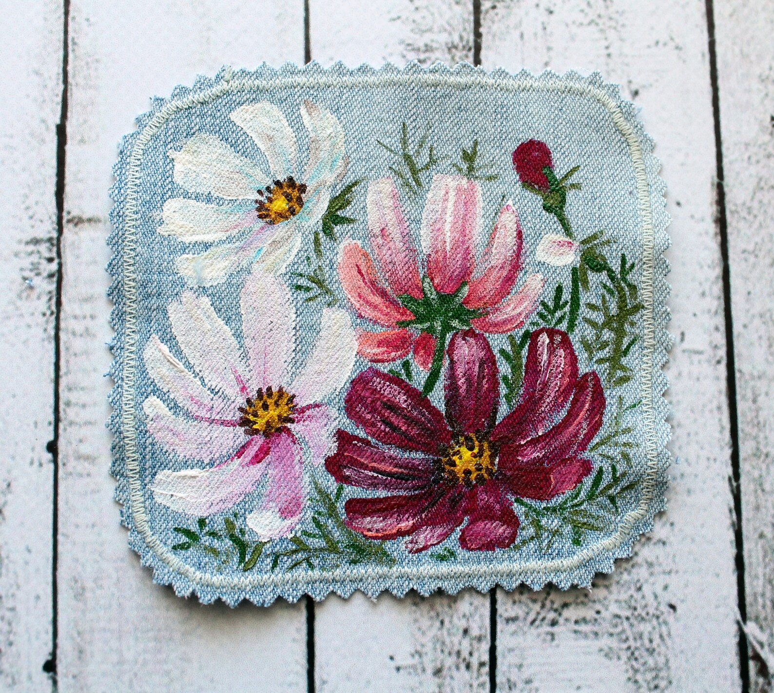 Hand Painted Patch Sew on Cosmos Denim Patches Floral Upcycled Jeans ...