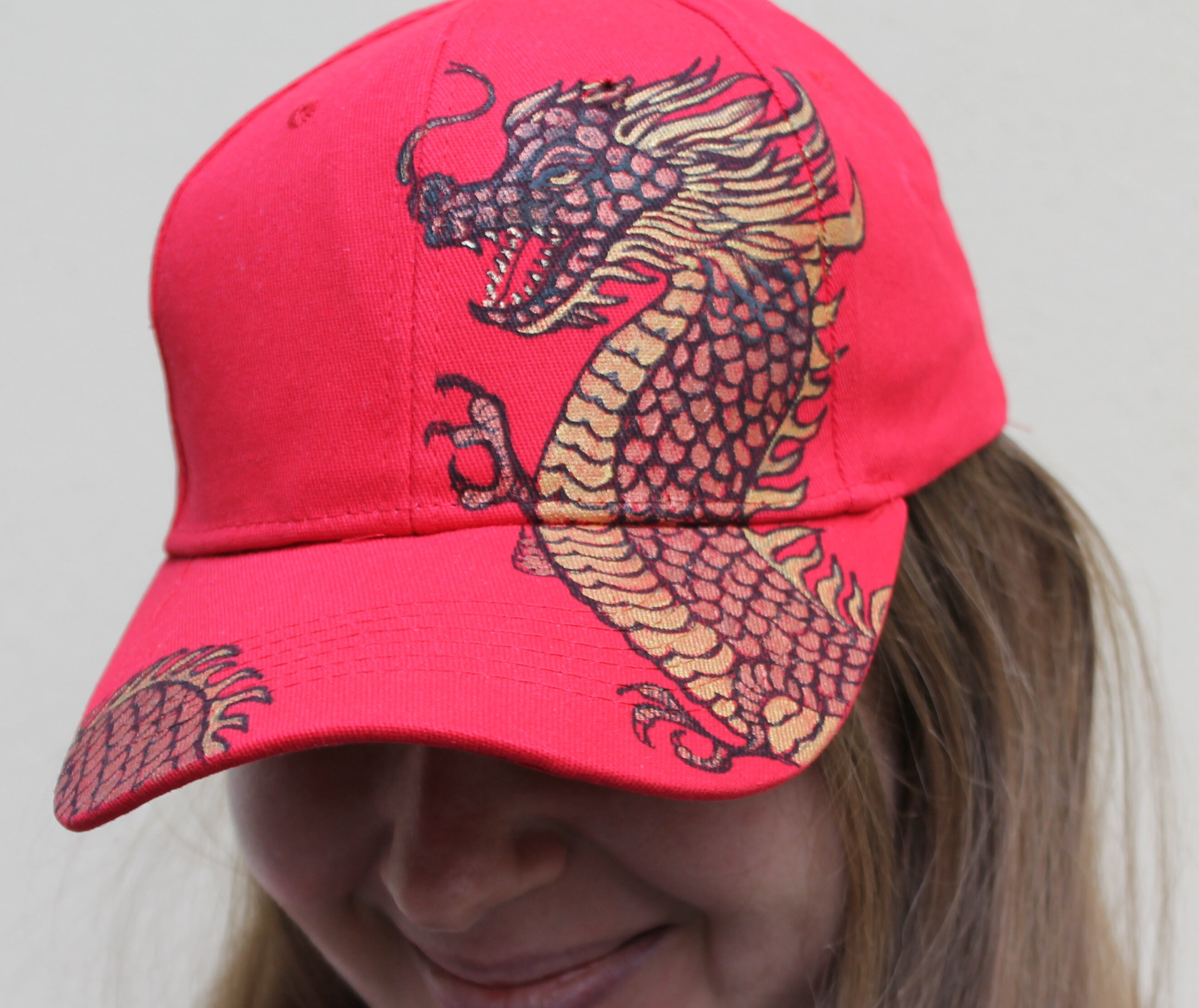 Hand Painted Red Dragon Hat Women Painting Fantasy Baseball Hat Unique ...