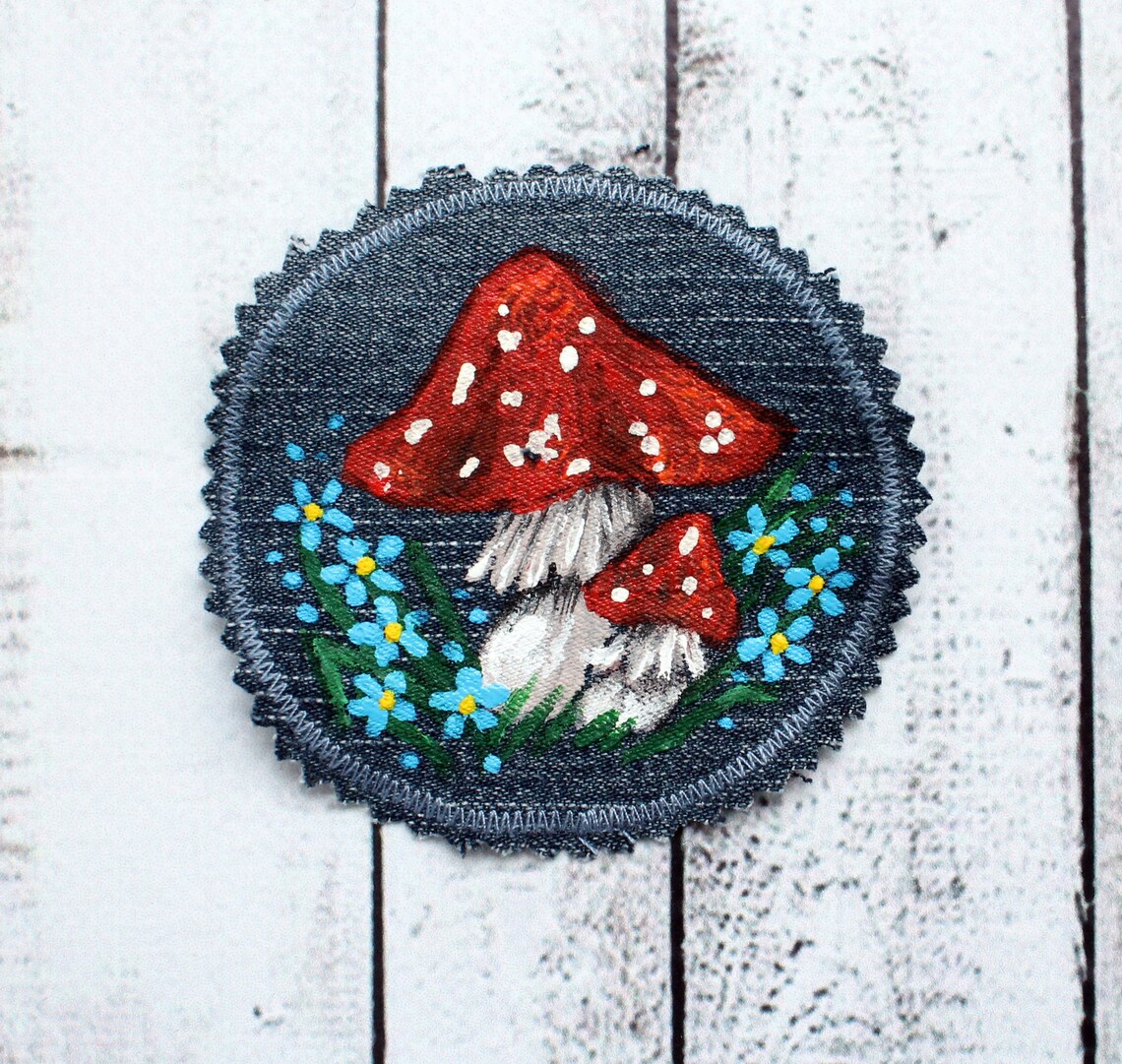 Mushroom Patch Hand Painted Denim Patches Amanita Cottagecore - Etsy