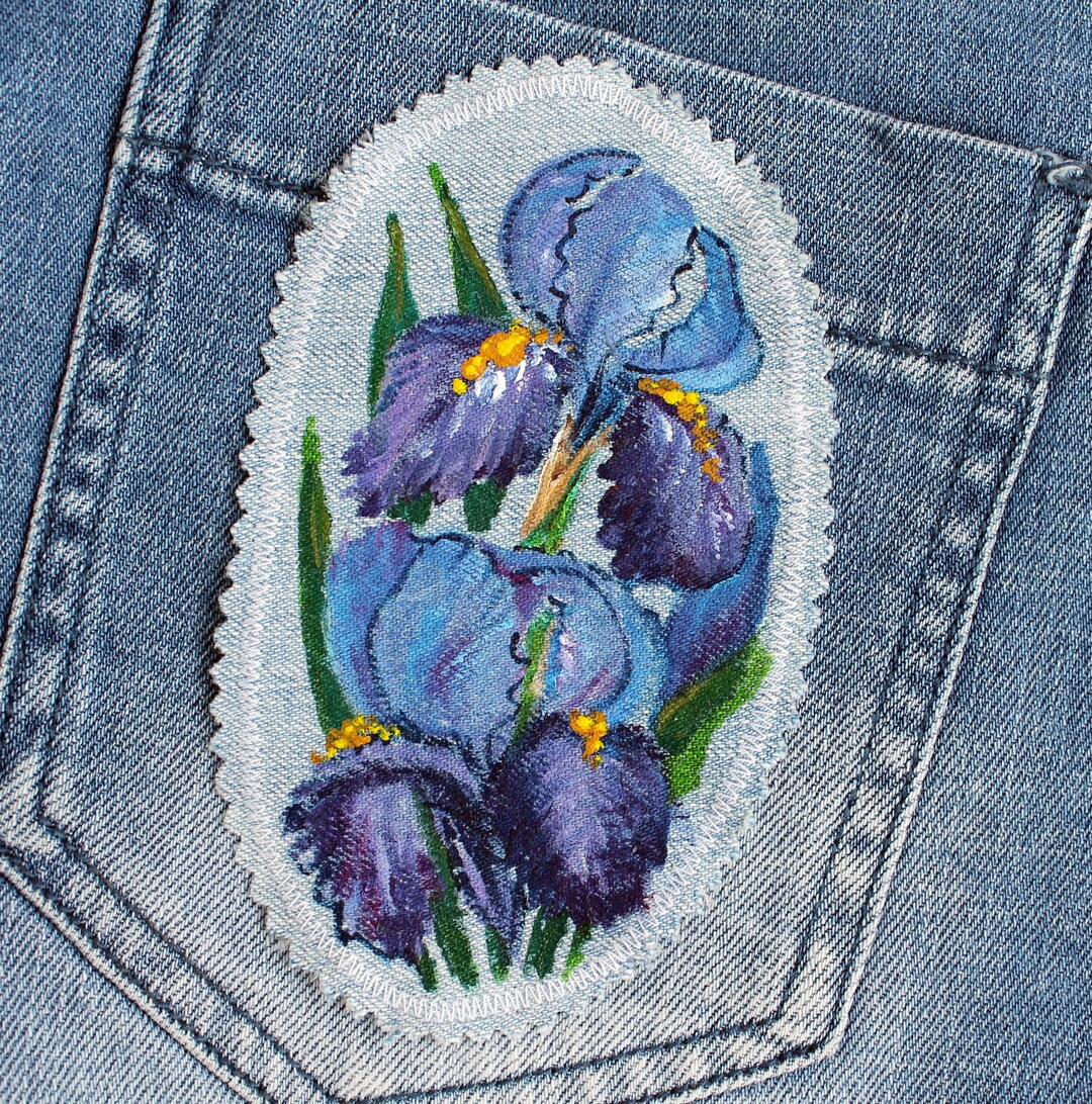 Iris Patch Hand Painted Denim Patches Floral Upcycled Jeans for Women ...
