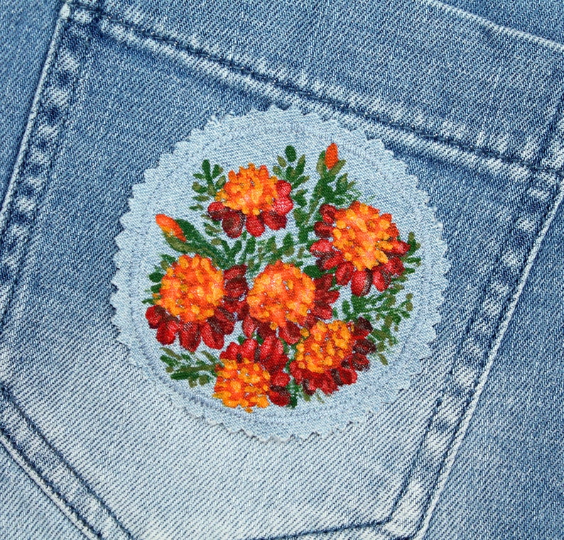 Hand Painted Marigold Patch Denim Patches Floral Upcycled Jeans for ...