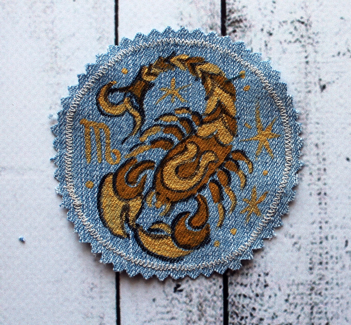 Zodiac Patch Scorpio Hand Painted Denim Scorpion Patches Upcycled Jeans ...