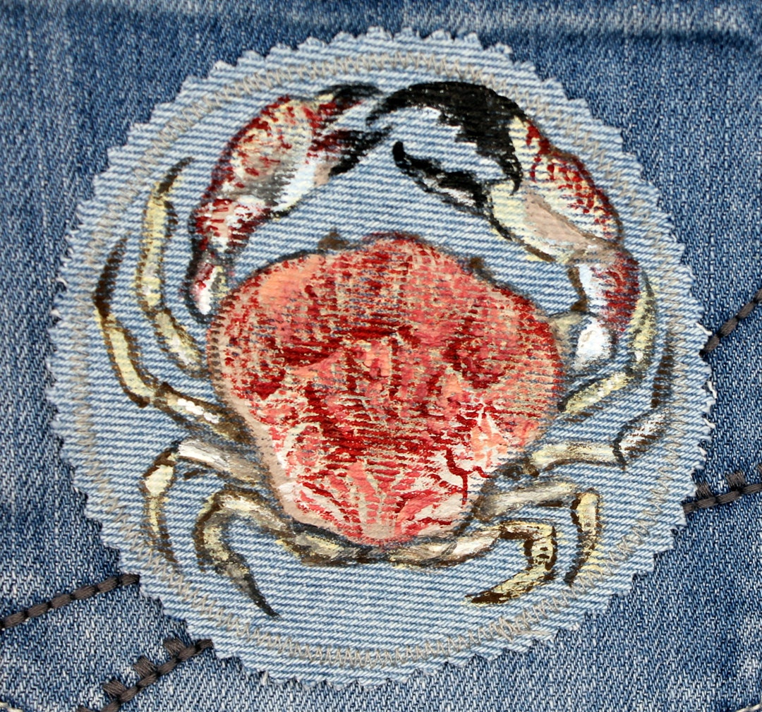 Hand Painted Crab Patch Denim Patches Fish Upcycled Jeans for Women ...