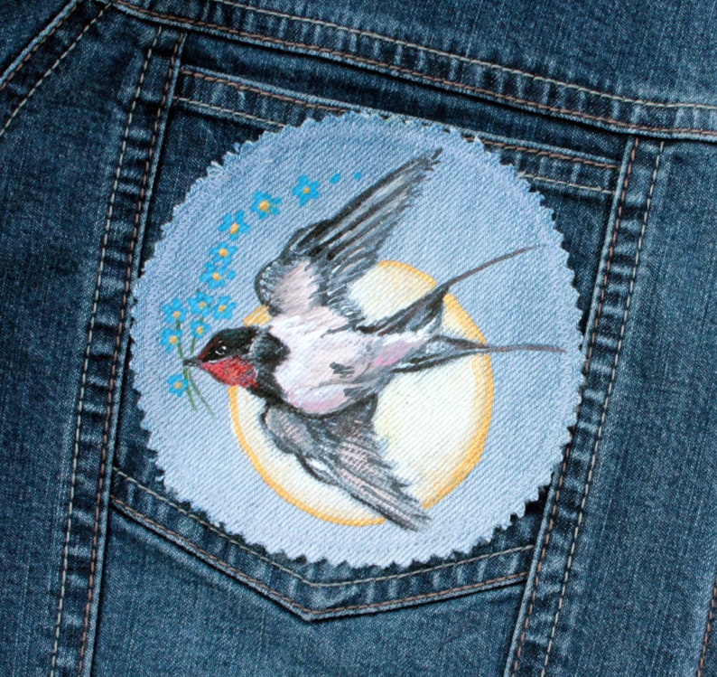 Hand Painted Swallow Patch Denim Patches Birds Upcycled Jeans for Women ...