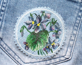 Hand Painted Patch Sew on Cosmos Denim Patches Floral Upcycled | Etsy