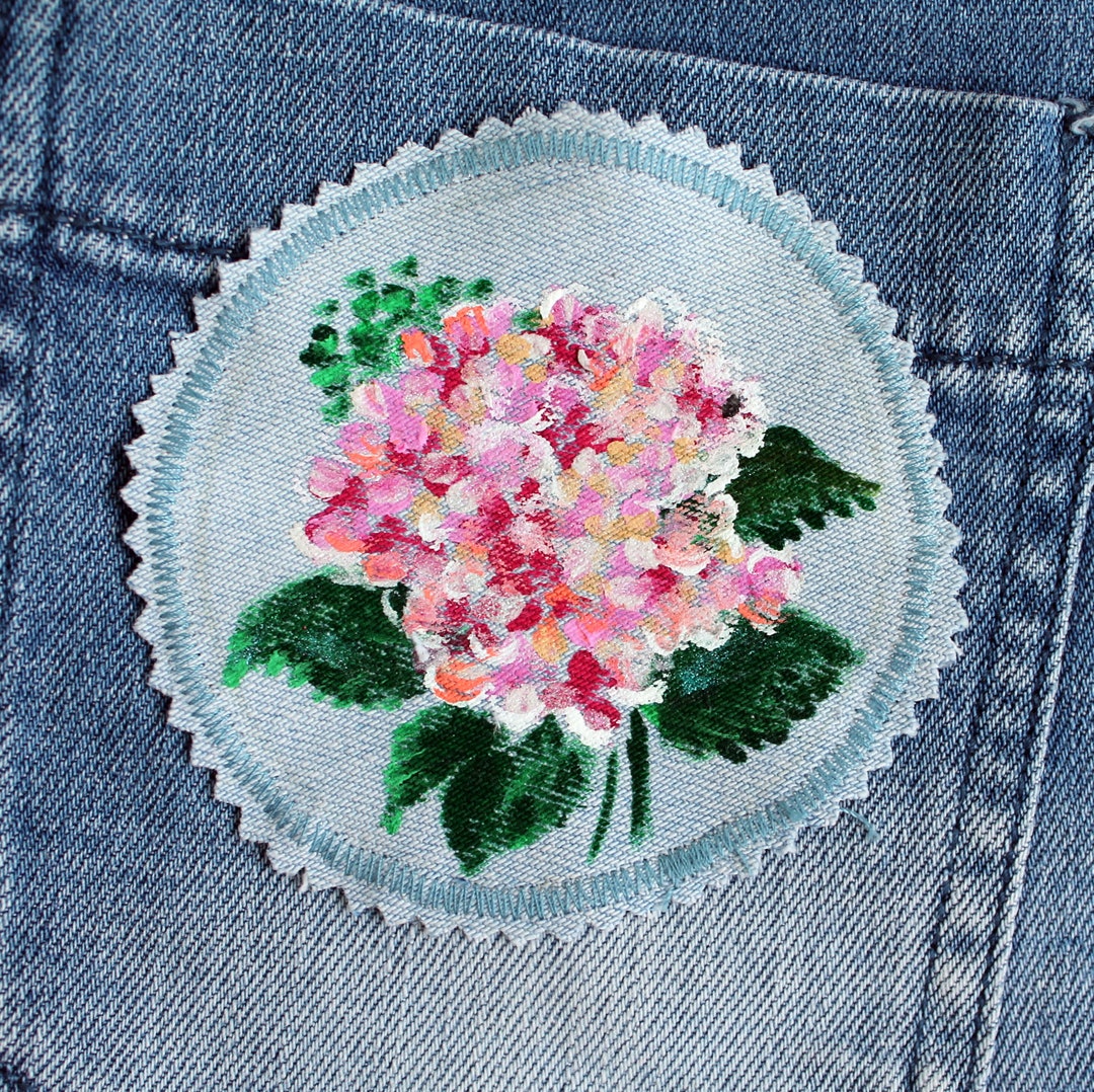 Hand Painted Hydrangea Patch Denim Patches Floral Upcycled Jeans for ...