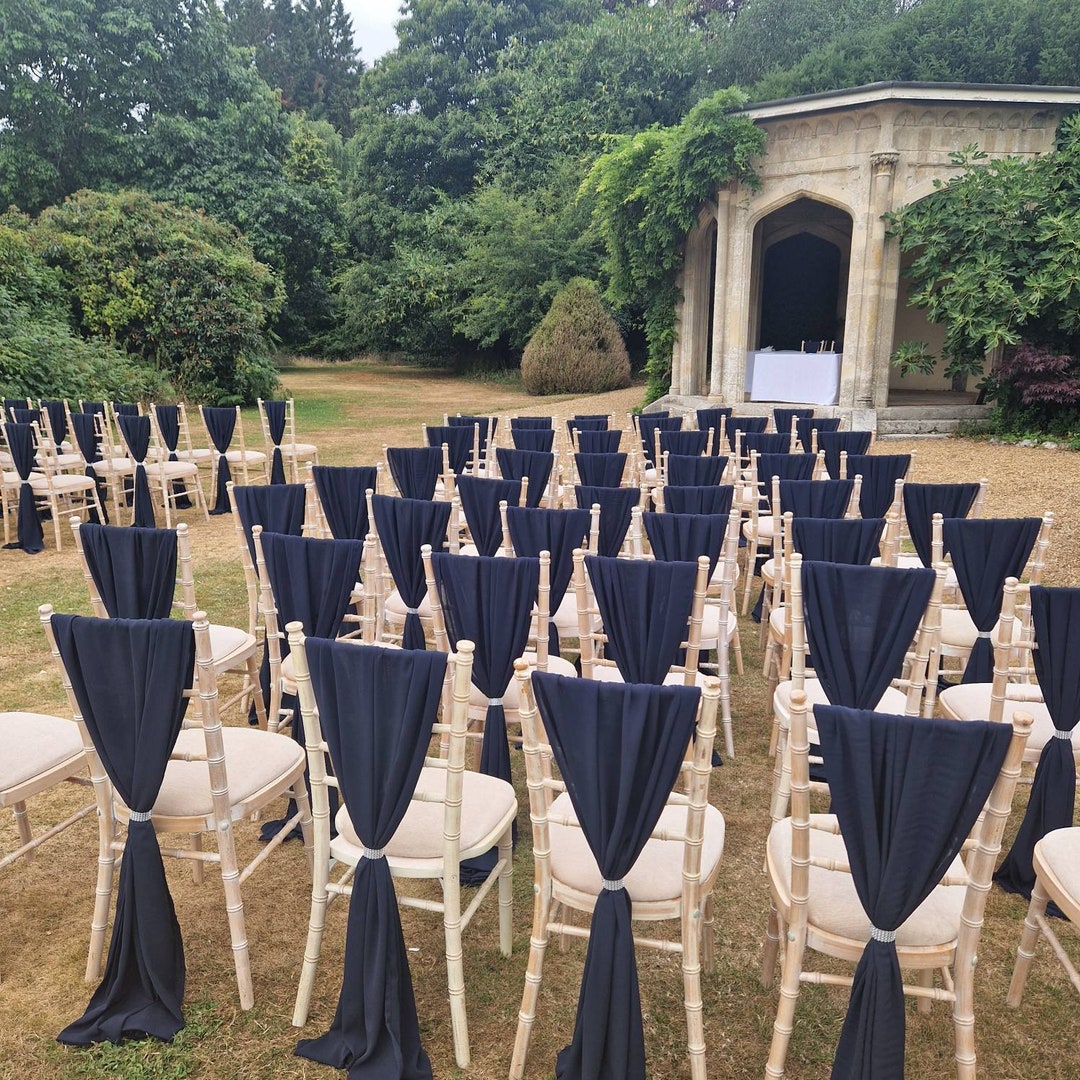 Navy Blue Chiffon Chair Drapes With Silver Ring for Hire. - Etsy UK
