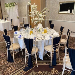 Navy Blue Chiffon Chair Drapes With Silver Ring for Hire. - Etsy UK