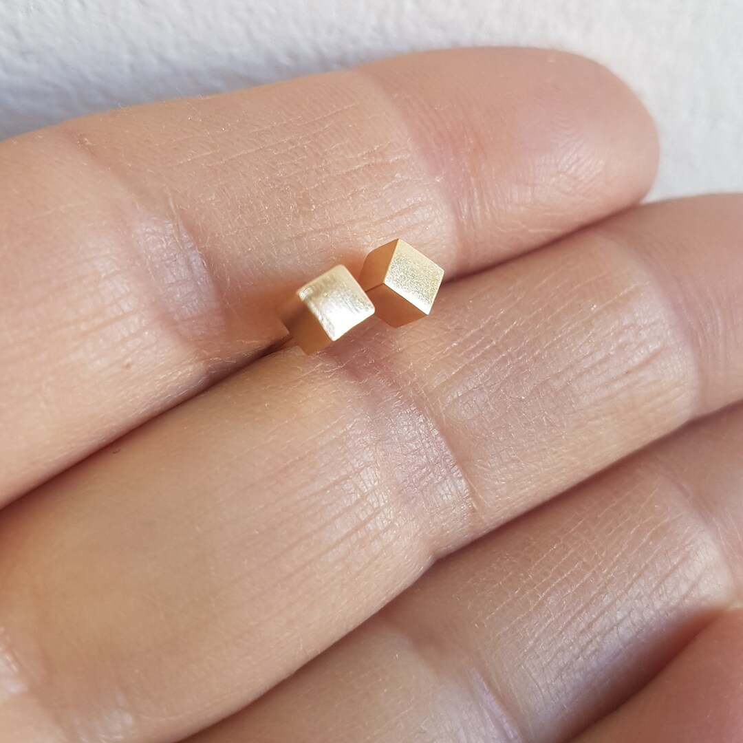 Gold Cube Earrings,tiny Small 4mm Cube Stud Post Earrings,one Pair ...