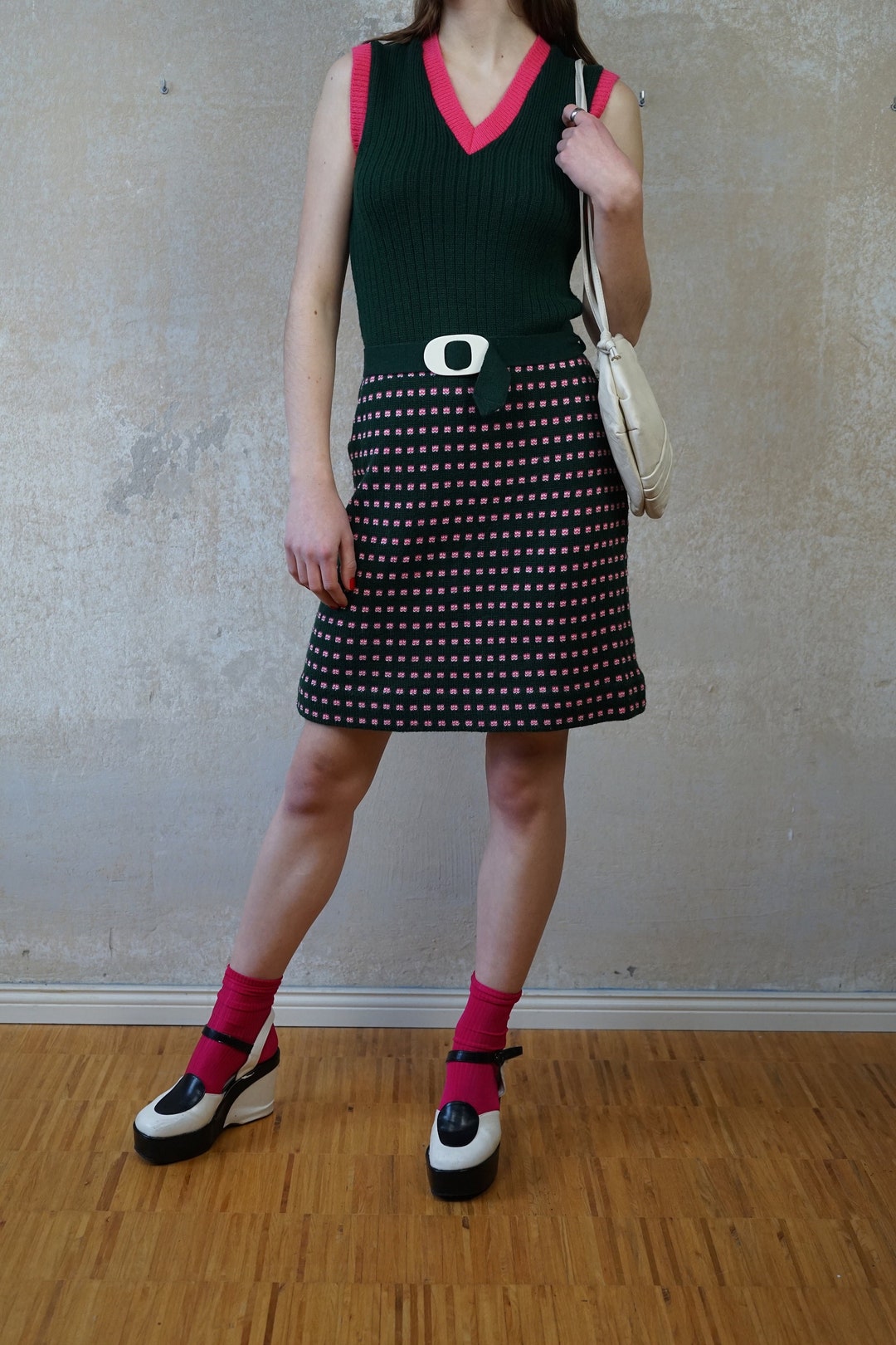 Vintage 60s 70s Mini Dress Green Pink Size. 34/36 XS/S Knitted Dress ...