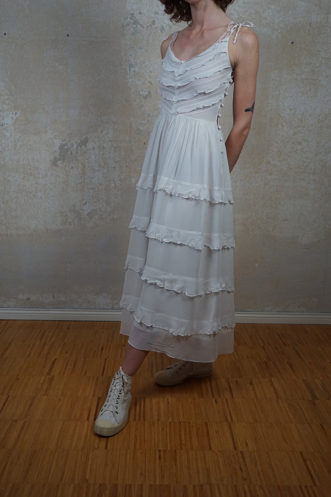 Vintage 70s 80s Dress 36/38 S/meter White Spaghetti Straps Miss Britt ...