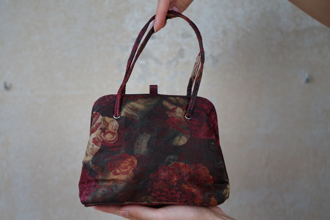 Vintage 50s 60s Style Small Handbag Burgundy Floral Motif Jacquard Top ...