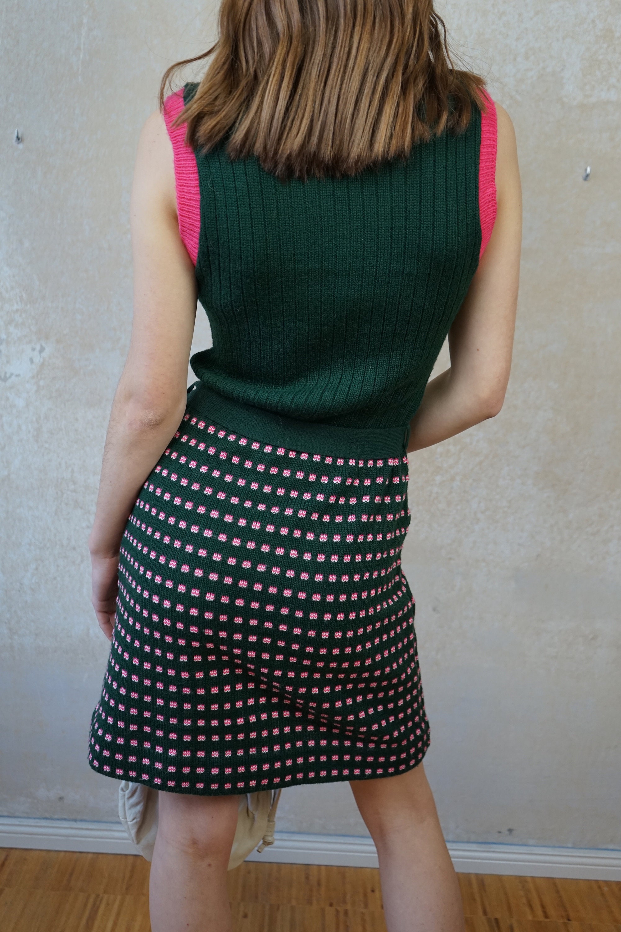 Vintage 60s 70s Mini Dress Green Pink Size. 34/36 XS/S Knitted Dress ...