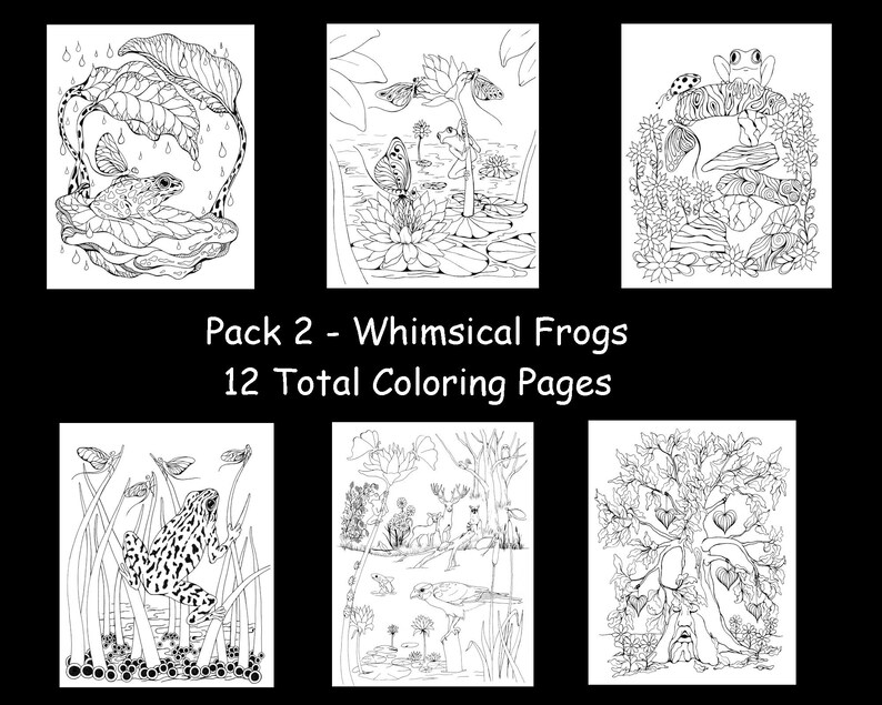 Whimsical Frogs 12 Original Coloring Pages A Dozen | Etsy