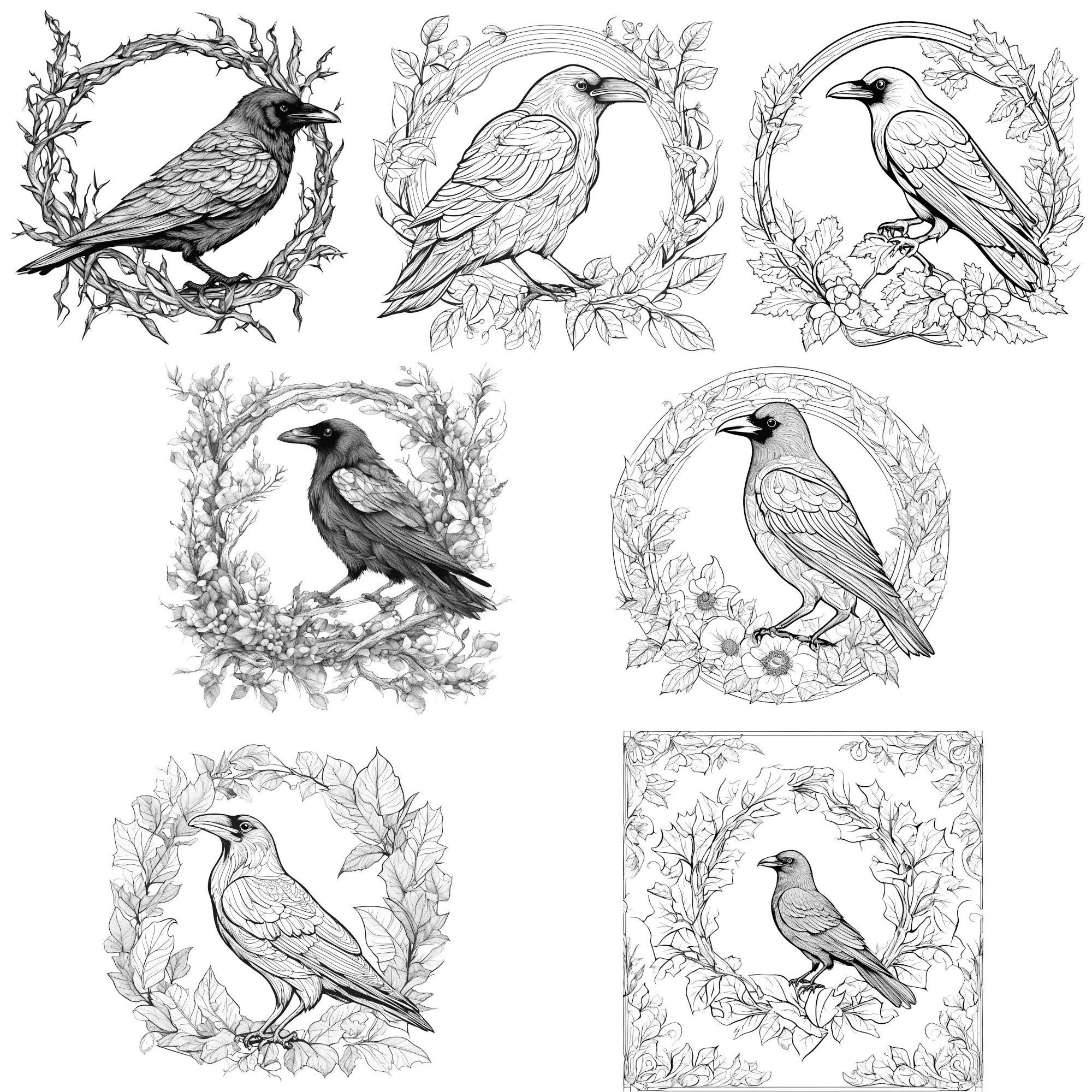 Raven Wreaths - 15 Pack Adult Coloring Book Pages - Relaxing Creative ...