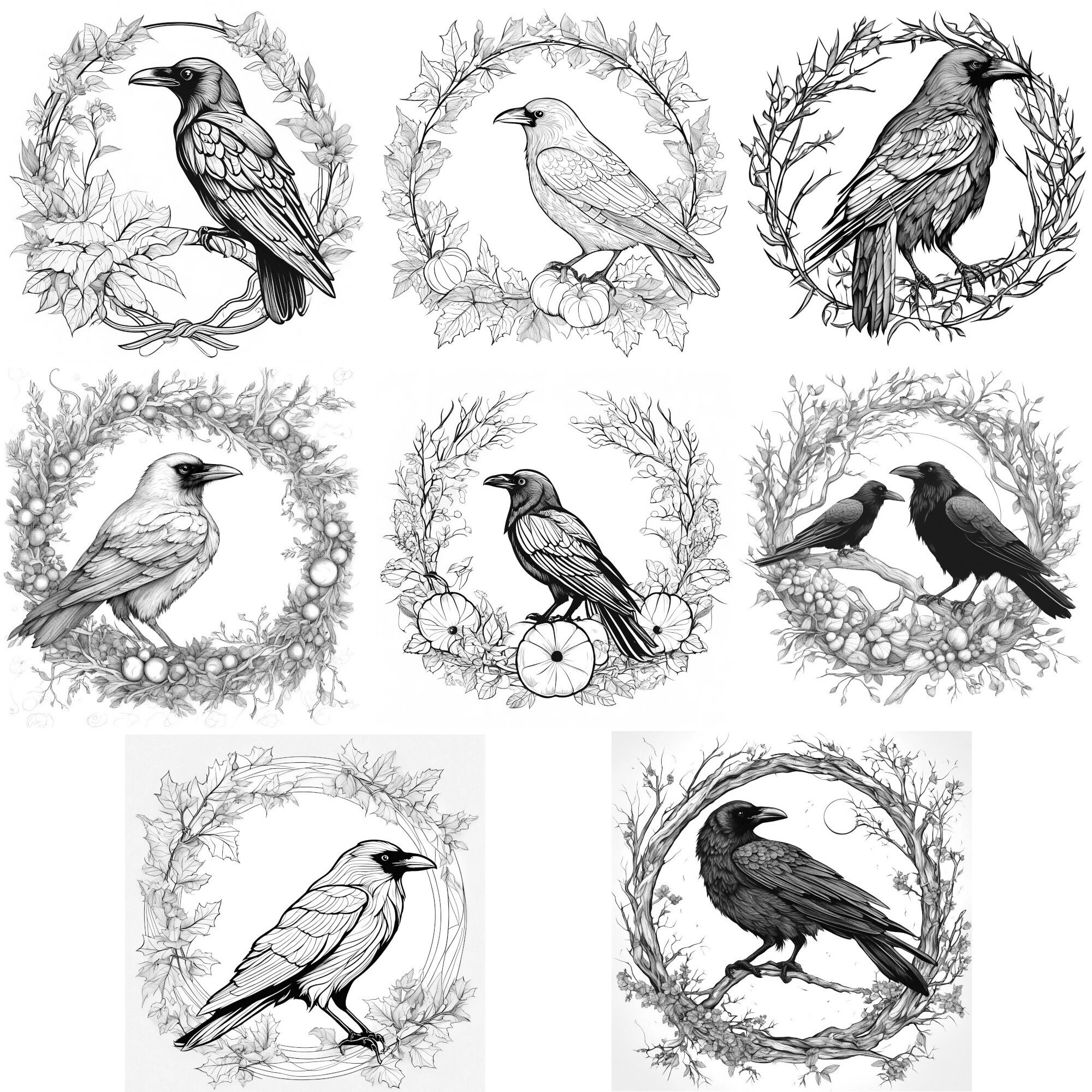 Raven Wreaths - 15 Pack Adult Coloring Book Pages - Relaxing Creative ...