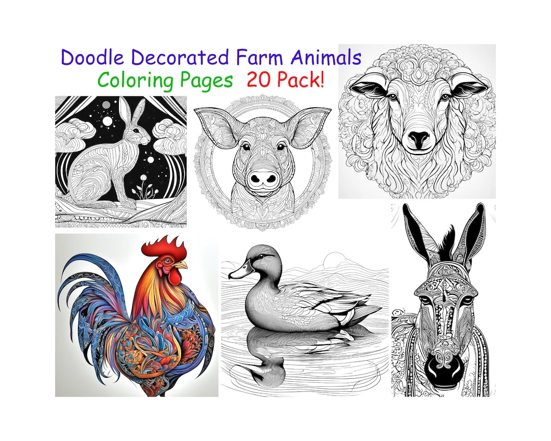 Doodle Decorated Farm Animals - 20 Pack Adult Coloring Book Pages ...