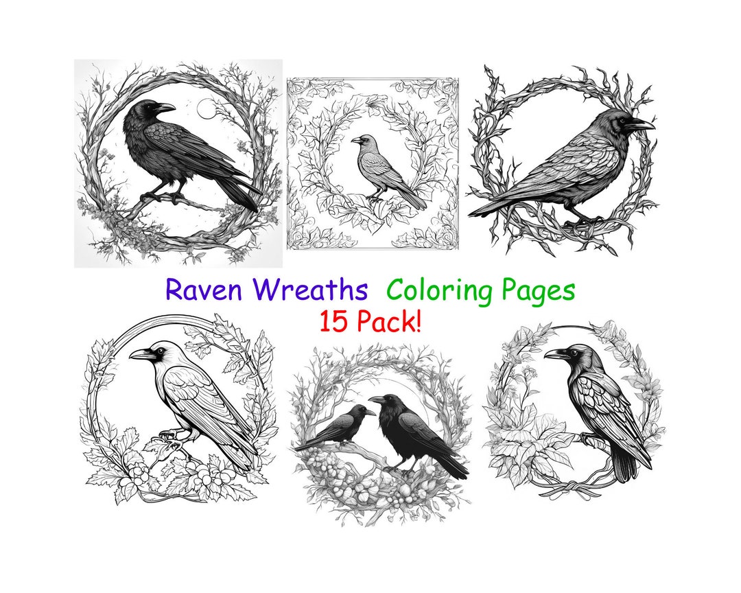 Raven Wreaths - 15 Pack Adult Coloring Book Pages - Relaxing Creative ...