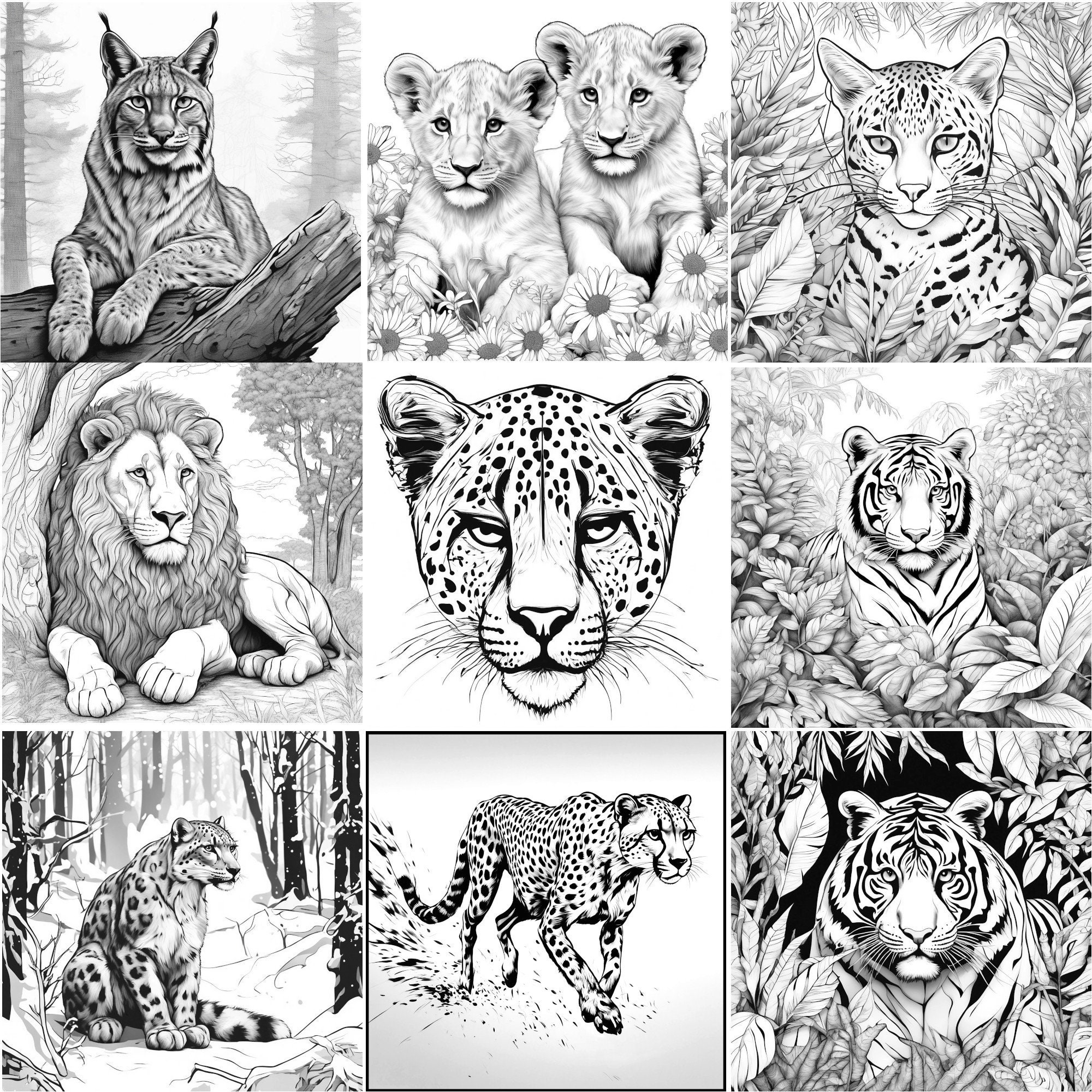 Big Cats - 50 Super Pack Adult Coloring Pages! Lions, Tigers, Cougars ...