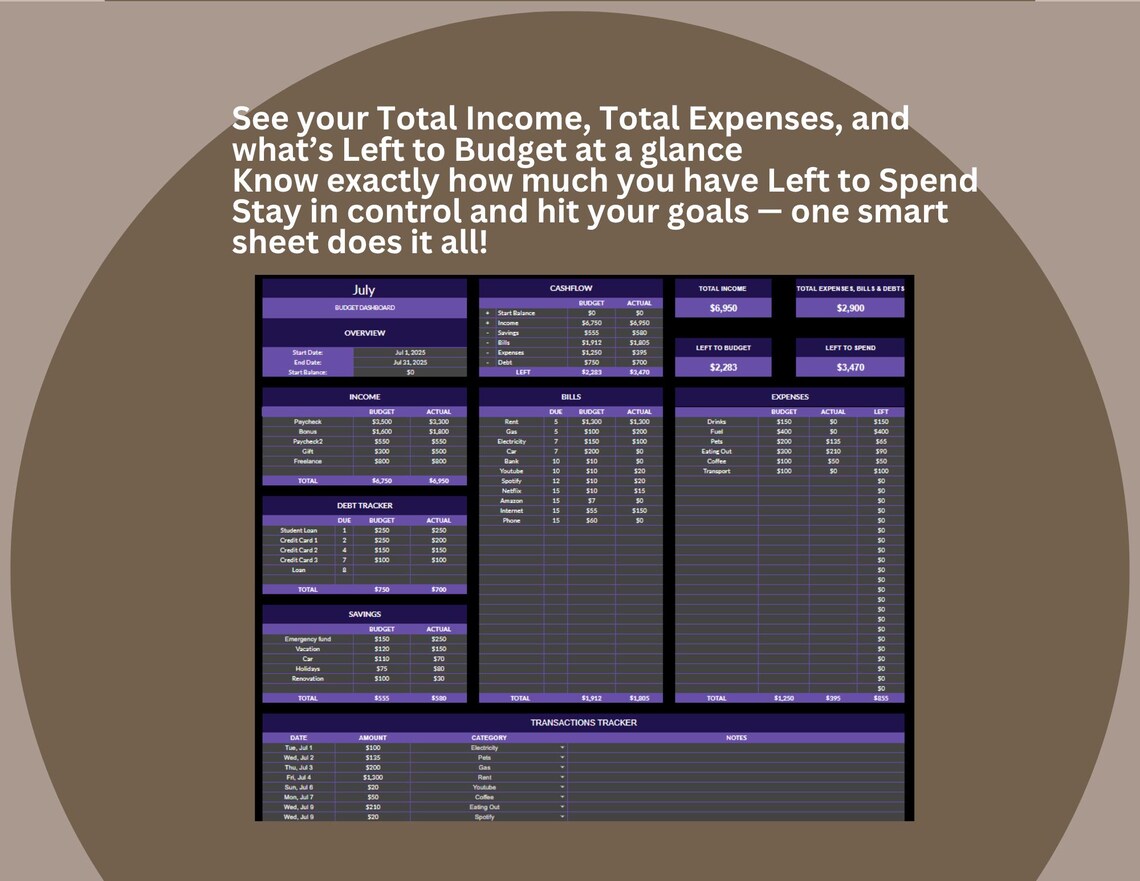 Purple Monthly Budget Spreadsheet: Google Sheets Digital Planner ...