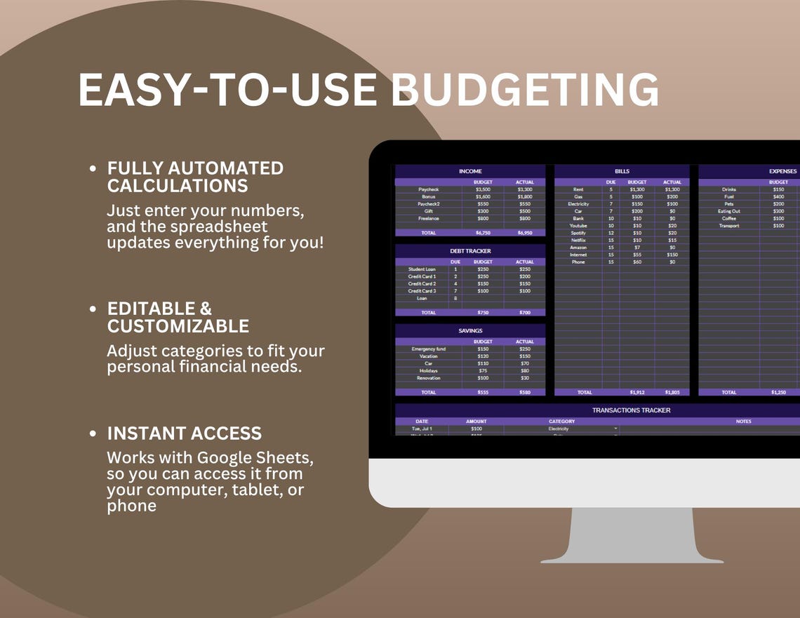 Purple Monthly Budget Spreadsheet: Google Sheets Digital Planner ...
