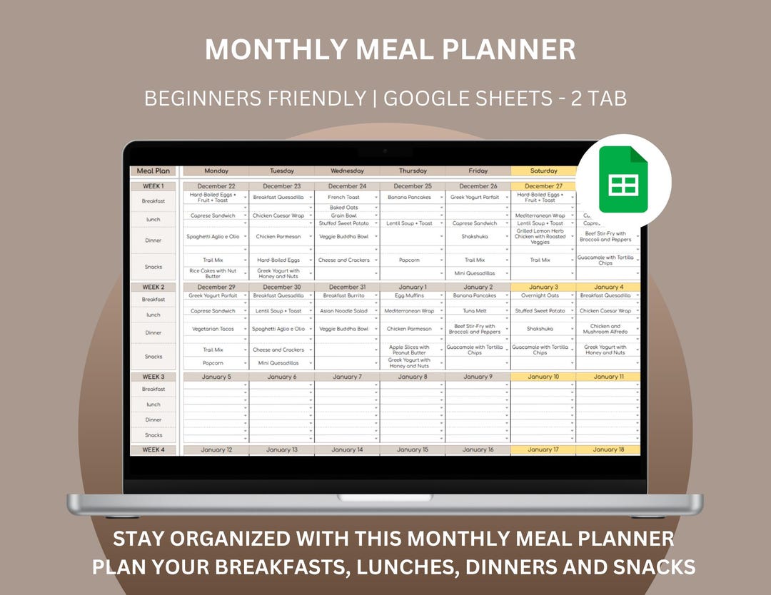 Monthly Meal Planner Spreadsheet: Google Sheets Food Tracker (digital ...
